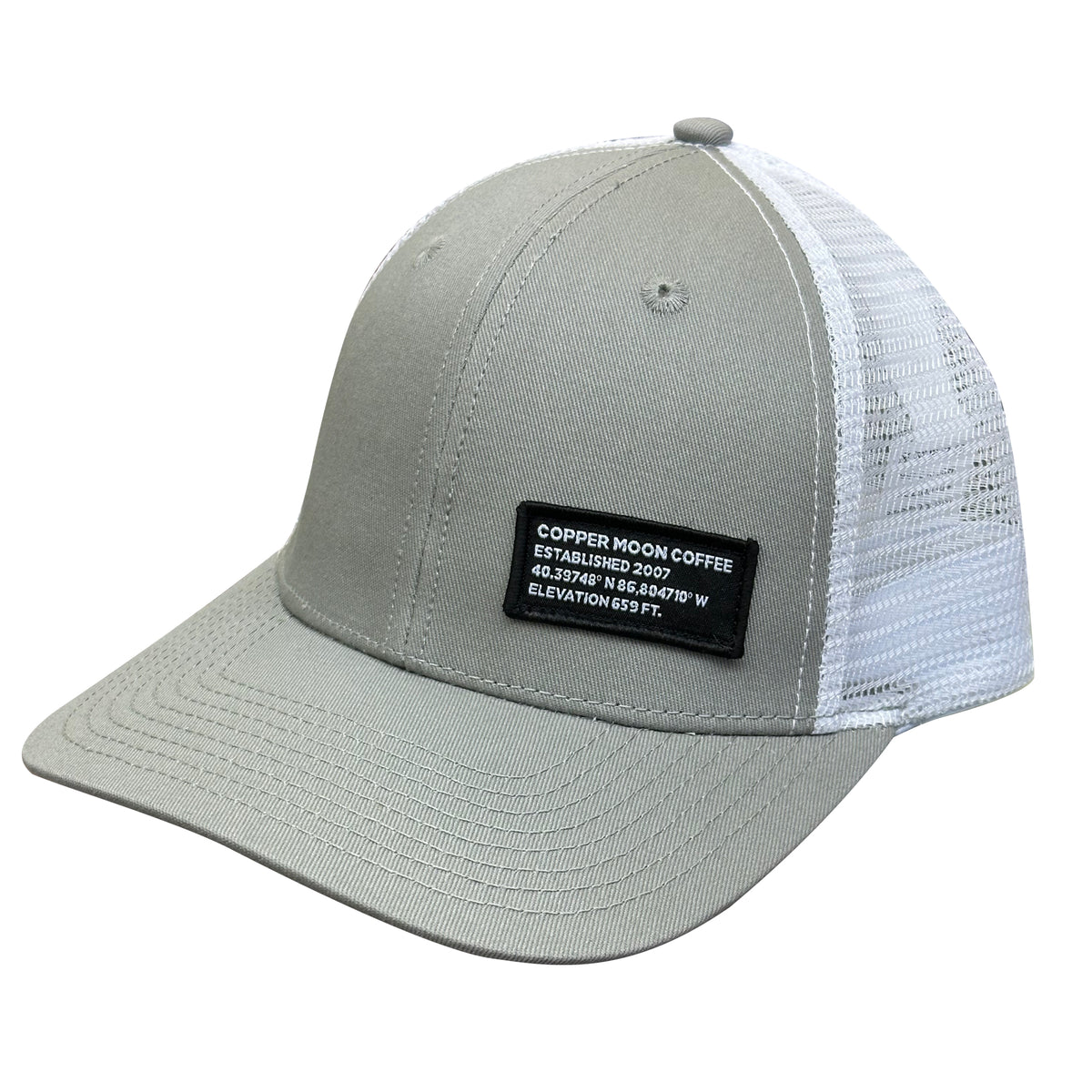 Grey/White CM Stat Hat (Longitude/Latitude) | Copper Moon Coffee